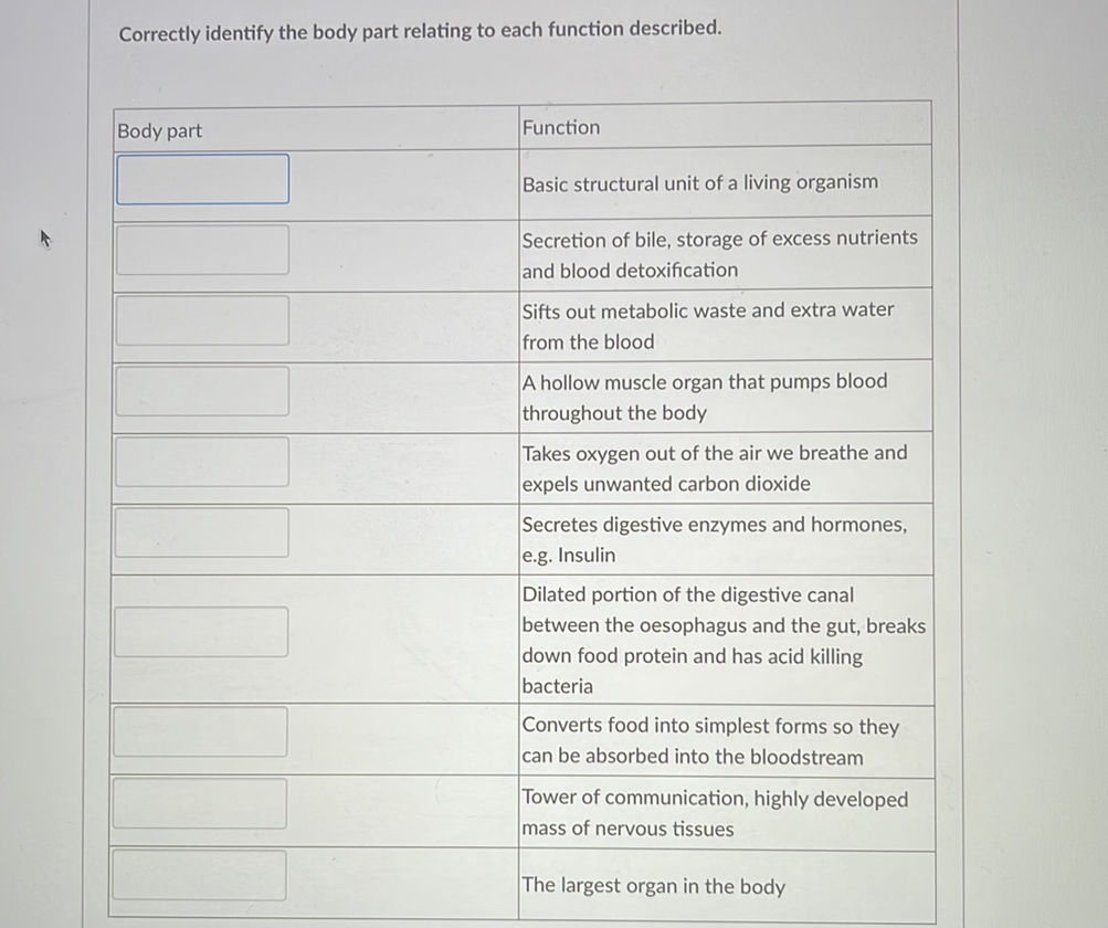 Correctly identify the body part relating to | StudyX