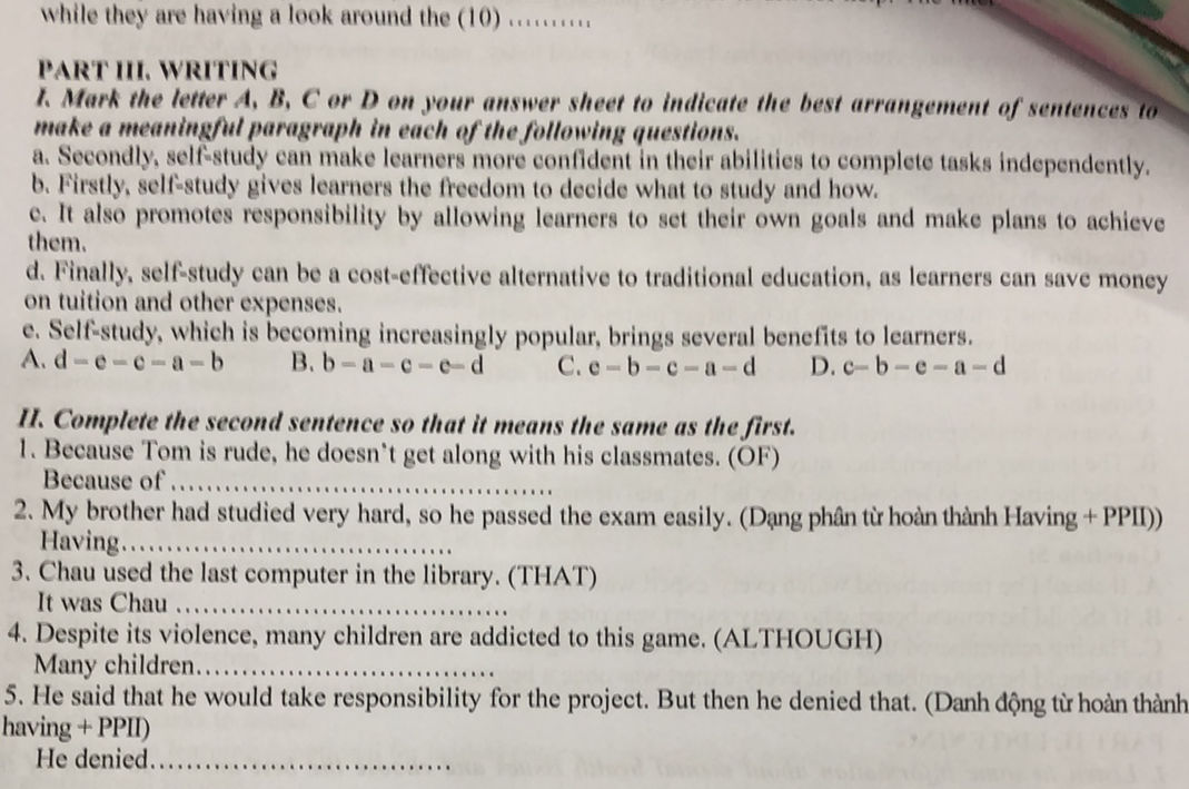 PART III. WRITING I. Mark the letter A, B, | StudyX