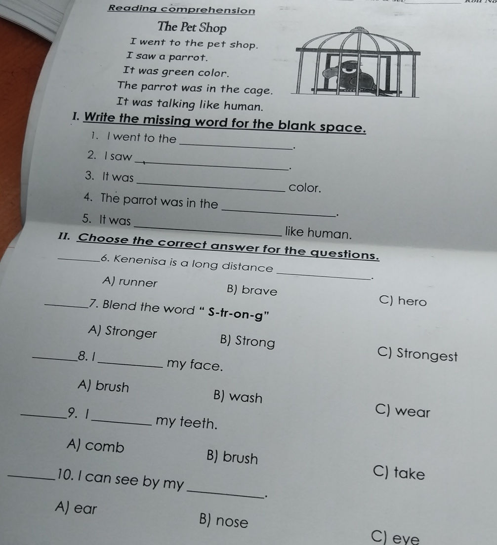 I. Write the missing word for the blank | StudyX