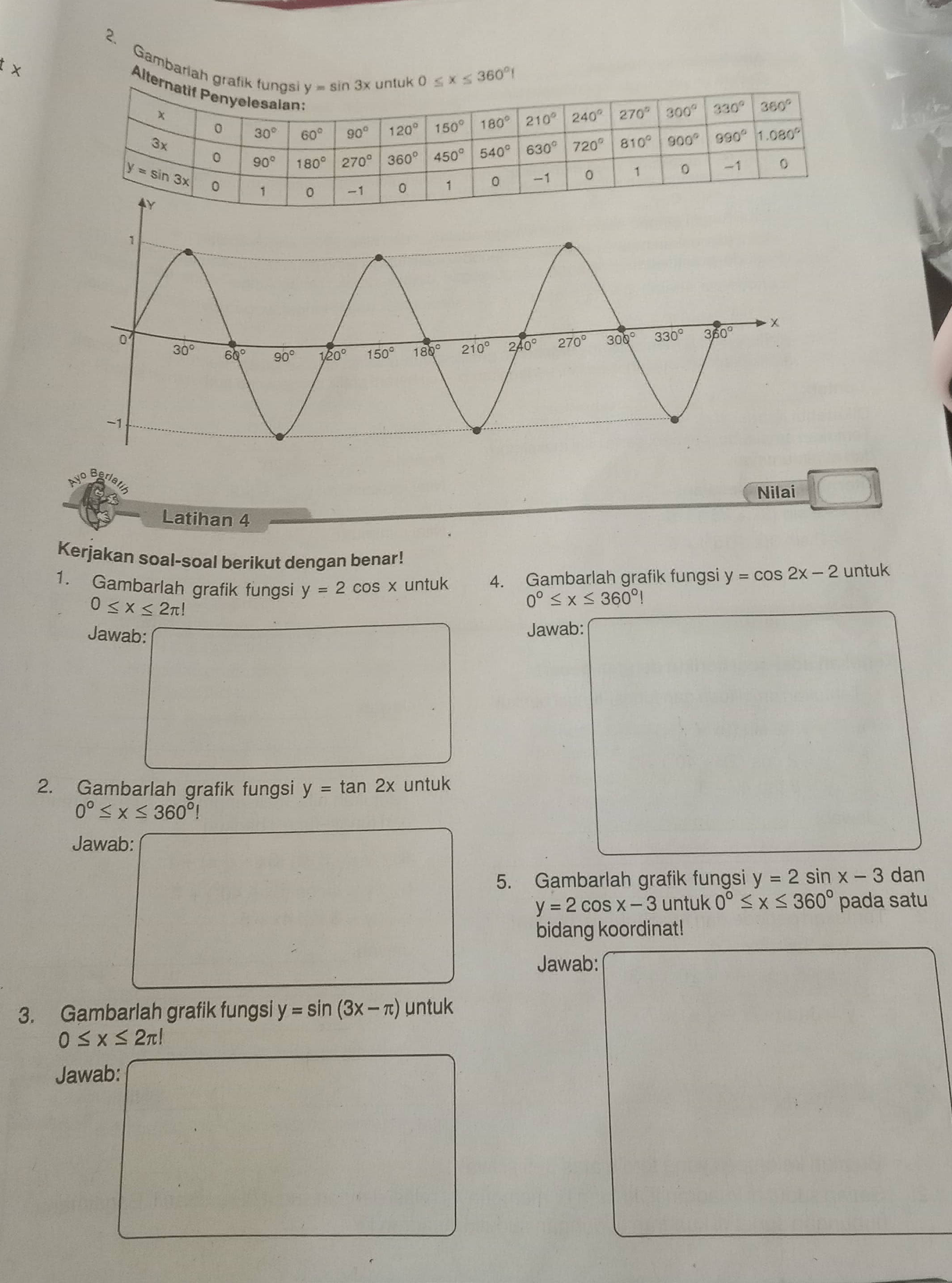 2. Gambarlah grafik fungsi y = sin 3x untuk | StudyX
