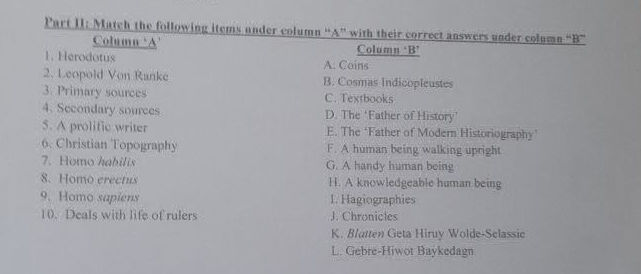 Part II: Match the following items under | StudyX