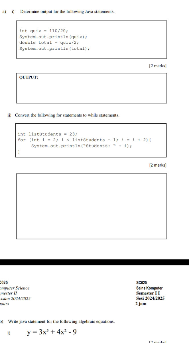 a) i) Determine output for the following | StudyX