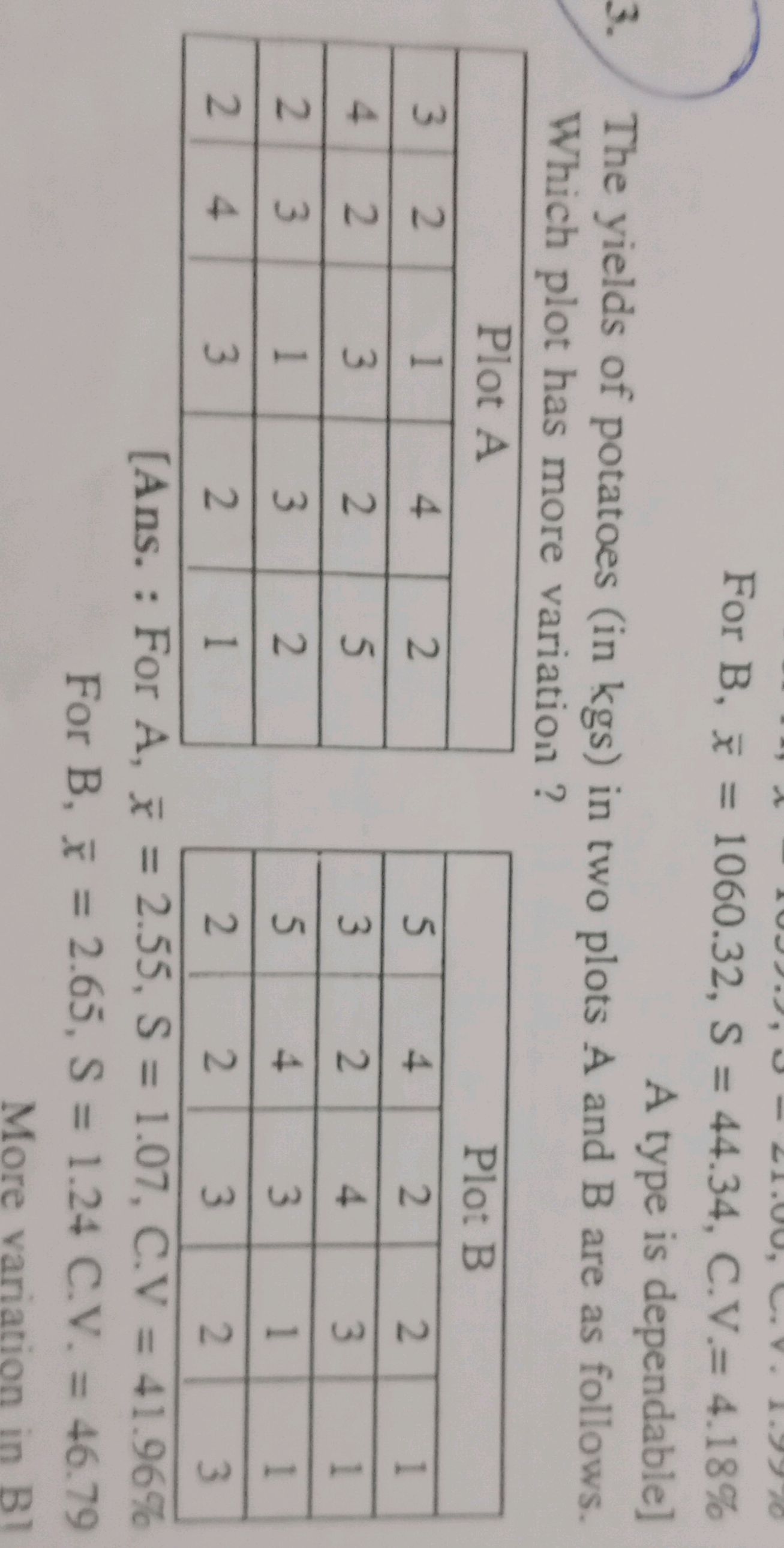 The yields of potatoes (in kgs) in two plots | StudyX