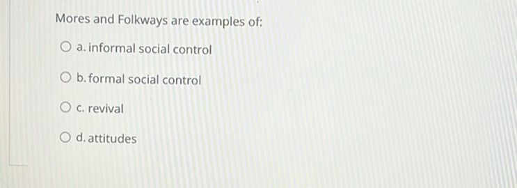 Mores and Folkways are examples of: a. | StudyX