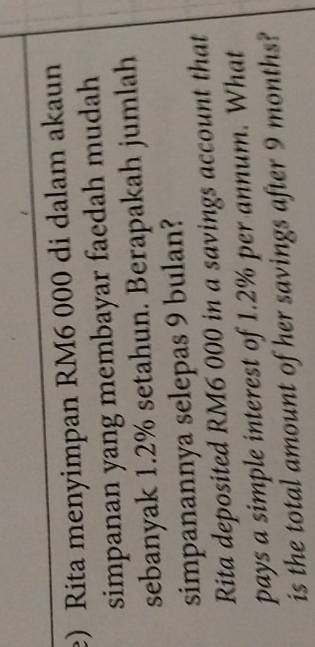 e) Rita menyimpan RM6 000 di dalam akaun | StudyX
