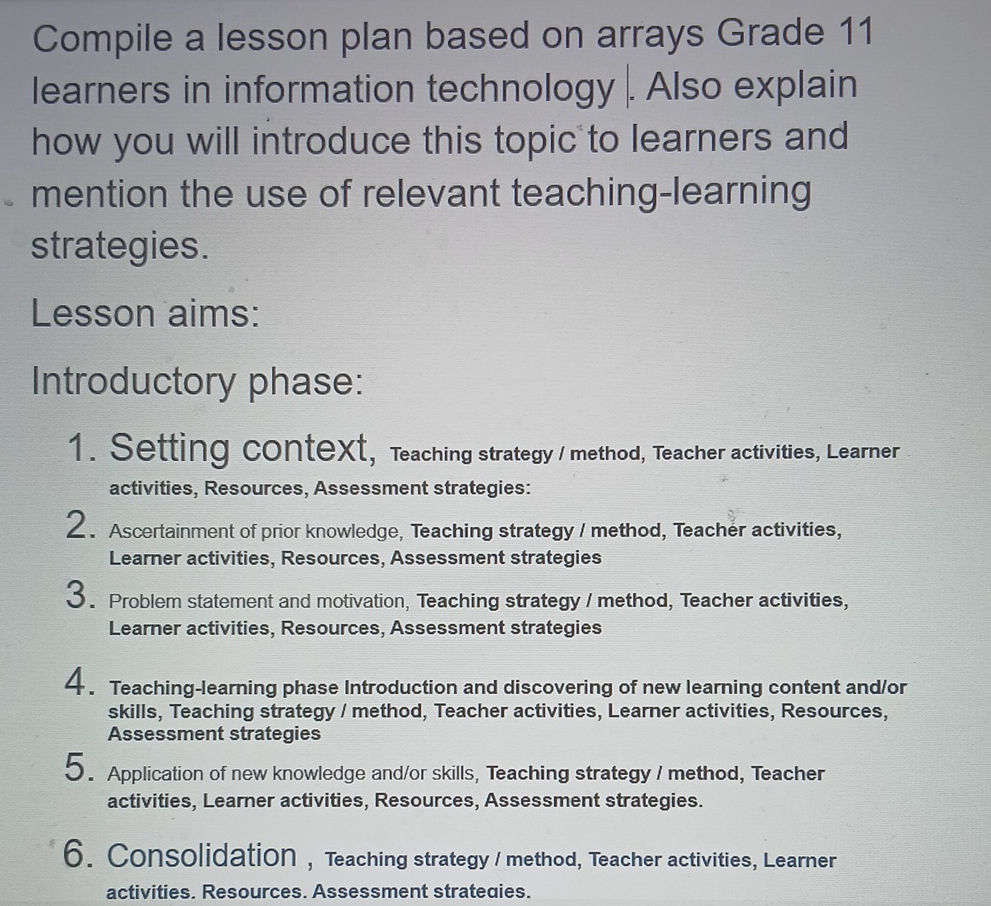 Compile a lesson plan based on arrays Grade | StudyX