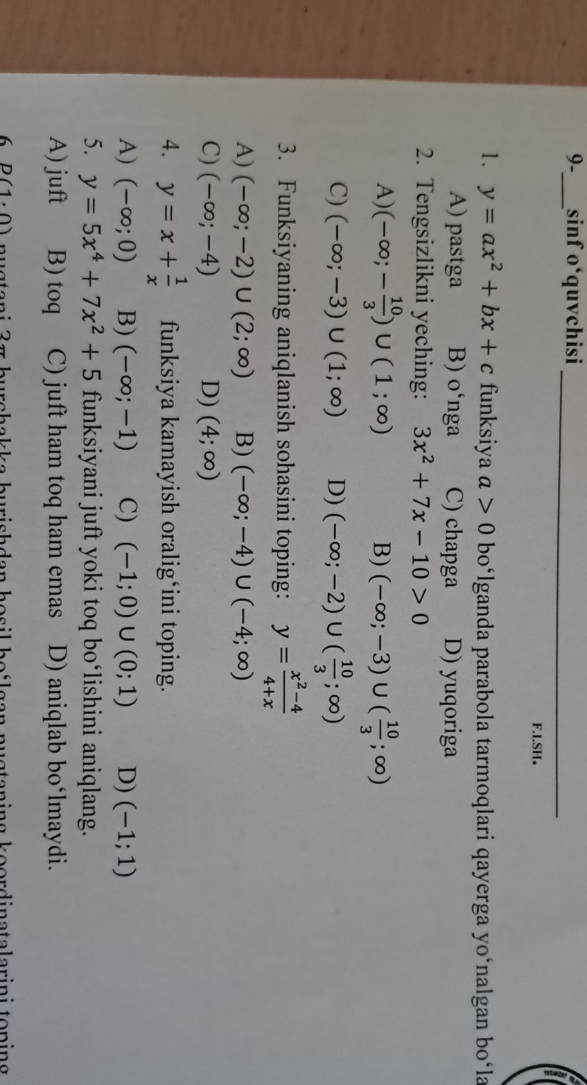 1. $y = ax^2 + bx + c$ funksiya $a > 0$ | StudyX