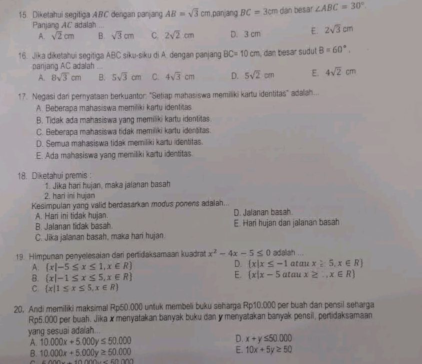 15. Diketahui segitiga ABC dengan panjang AB | StudyX