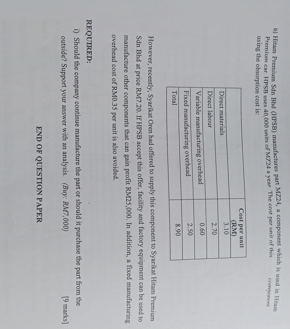 b) Hitam Premium Sdn Bhd (HPSB) manufactures | StudyX