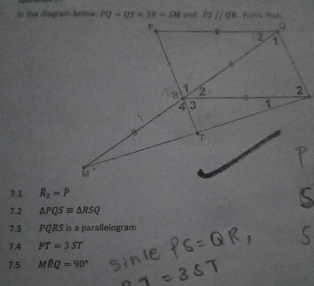 In the diagram below: $PQ = QS = SR = SM$ | StudyX