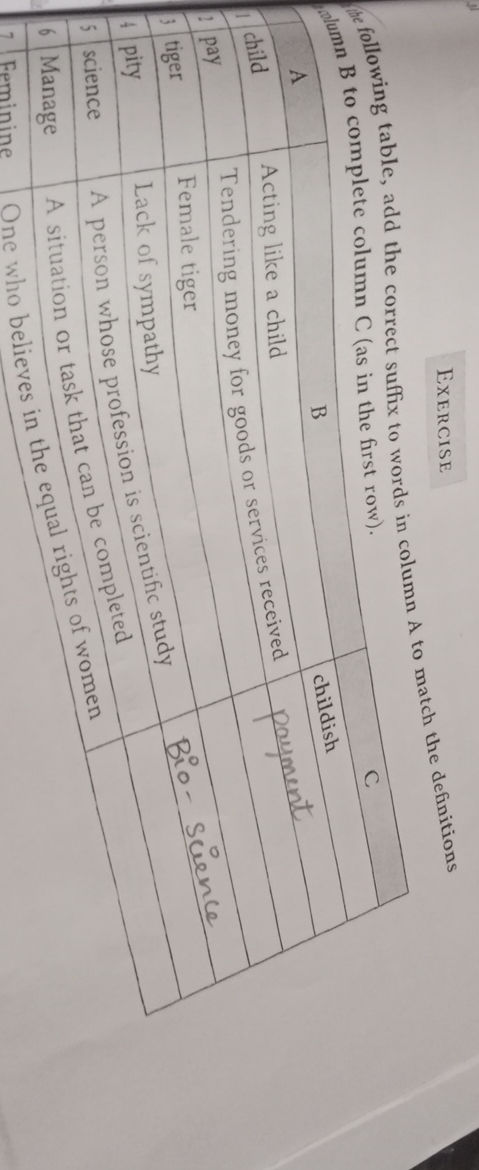 Add the correct suffix to words in column A | StudyX