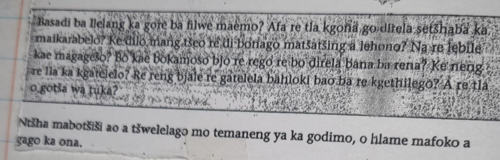 Basadi ba llelang ka gore ba filwe maemo? | StudyX
