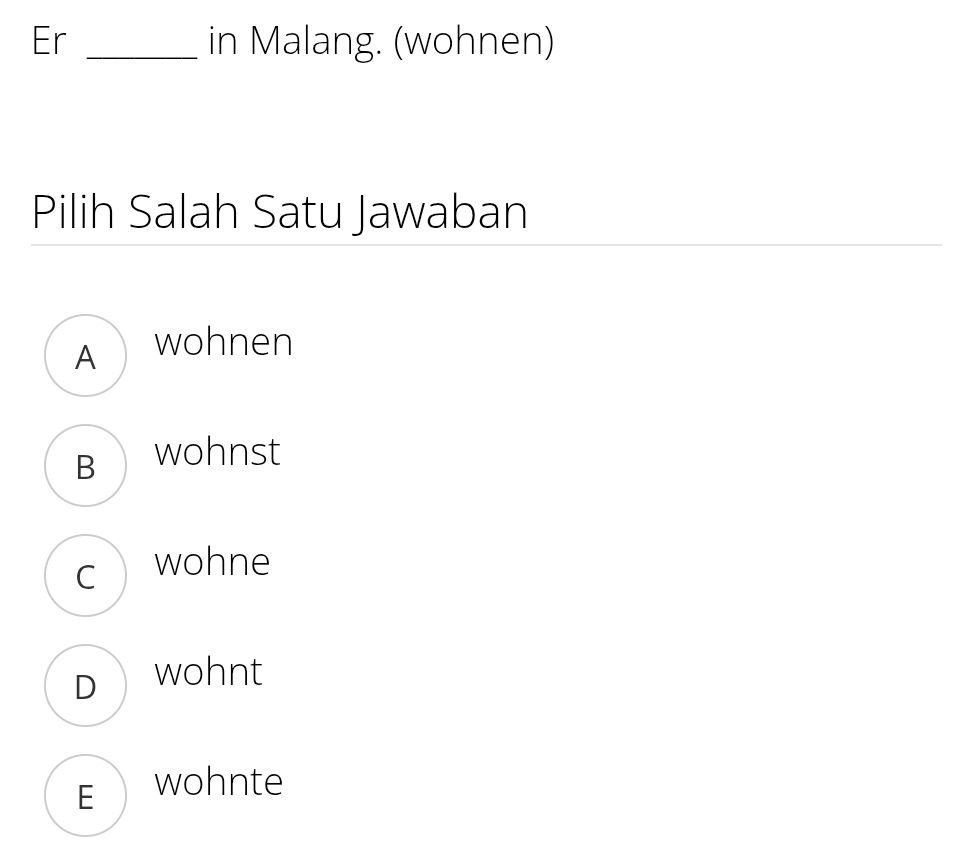 Er ______ in Malang. (wohnen) A wohnen B | StudyX