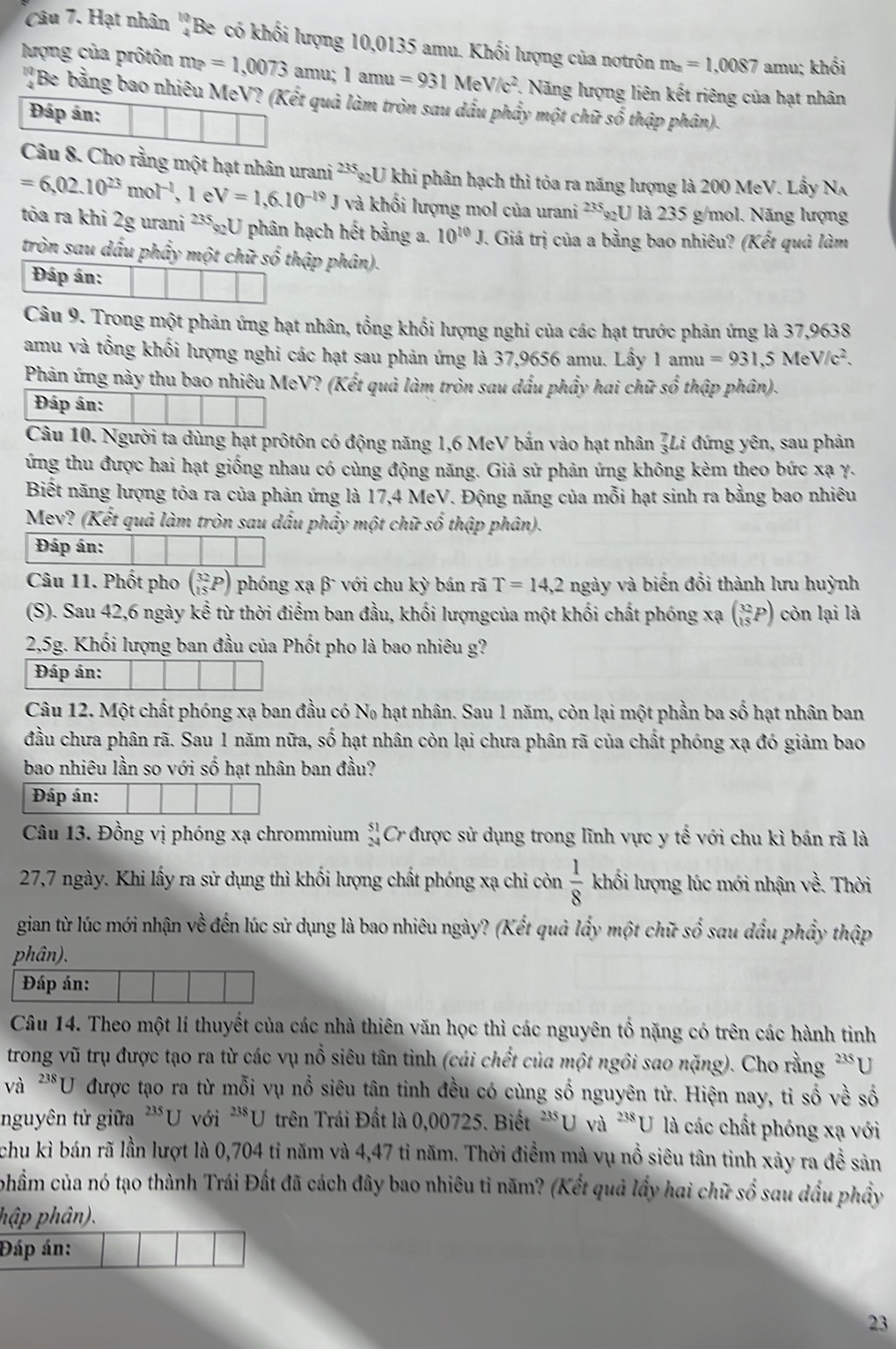 ciu 7. Hạt nhần ${ }_{4}^{10}$ Be có khối | StudyX