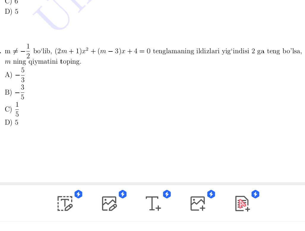m - {1}{2} bo'lib, (2m + 1)x^2 + (m - 3)x | StudyX