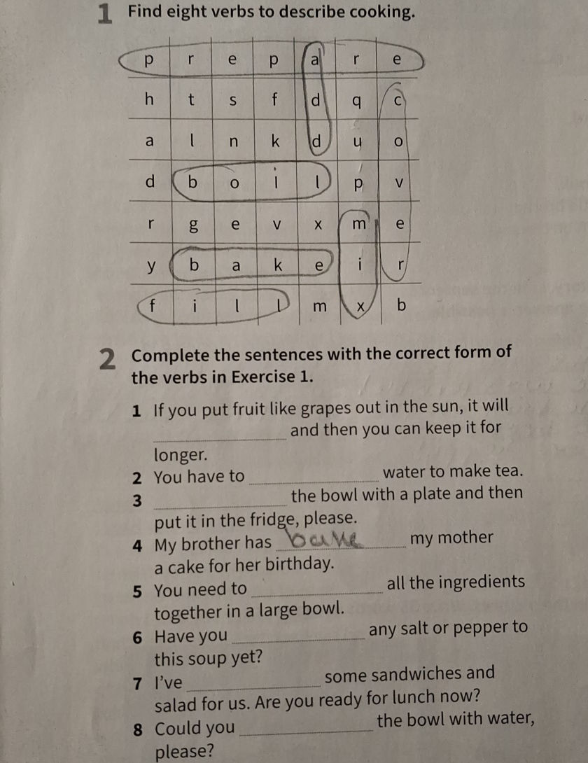 1 Find eight verbs to describe cooking. ``` | StudyX