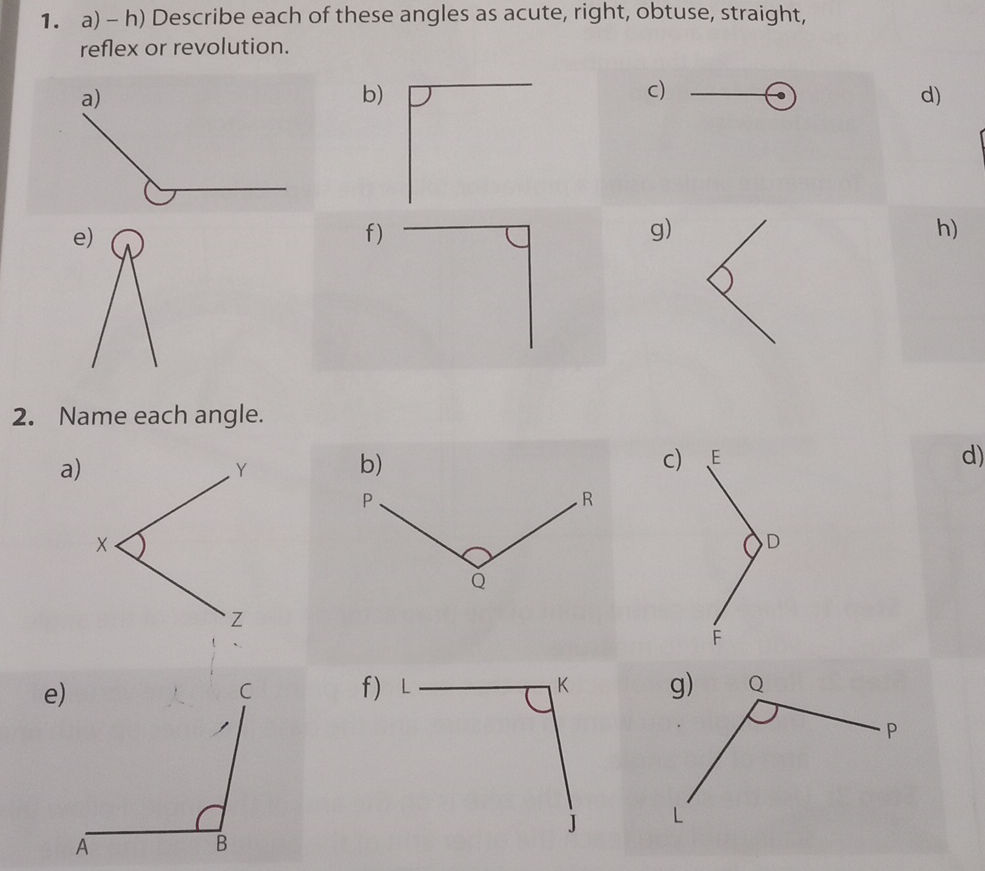 1. a) - h) Describe each of these angles as | StudyX
