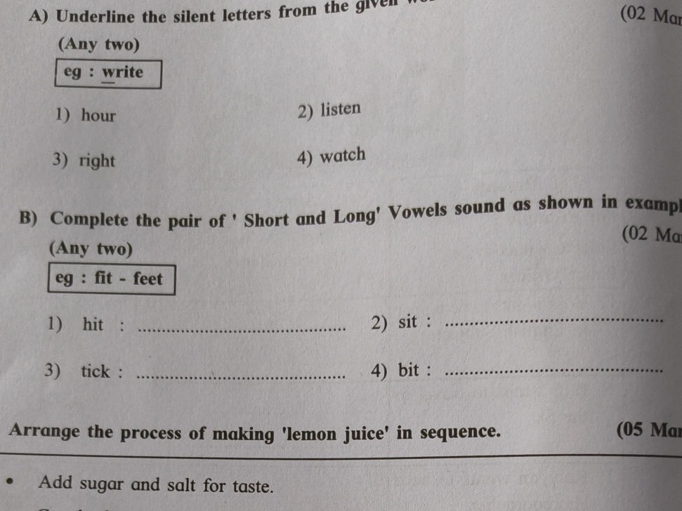 A) Underline the silent letters from the