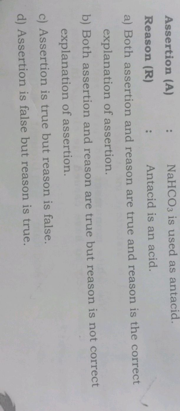 Assertion (A): $NaHCO_3$ is used as antacid. | StudyX
