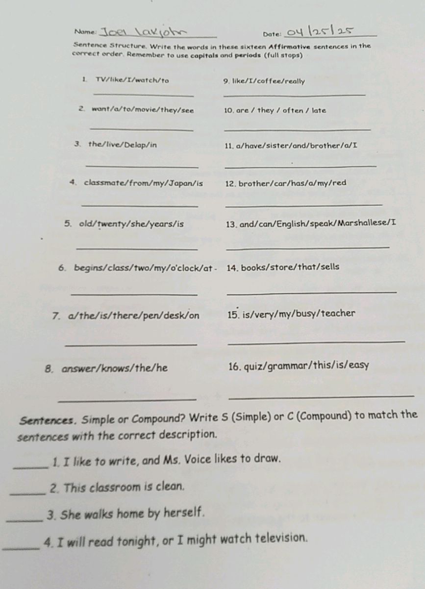 Sentence Structure. Write the words in these | StudyX