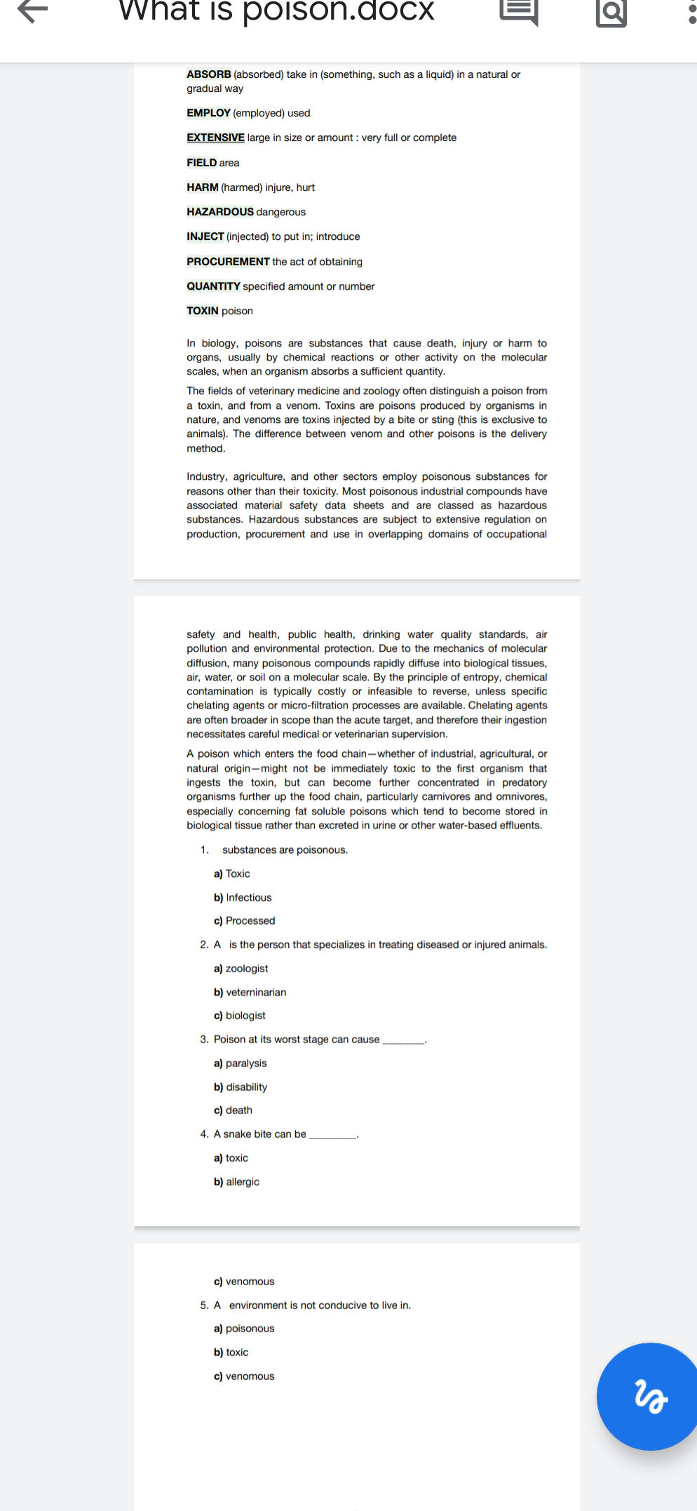 1. substances are poisonous. a) Toxic b) | StudyX