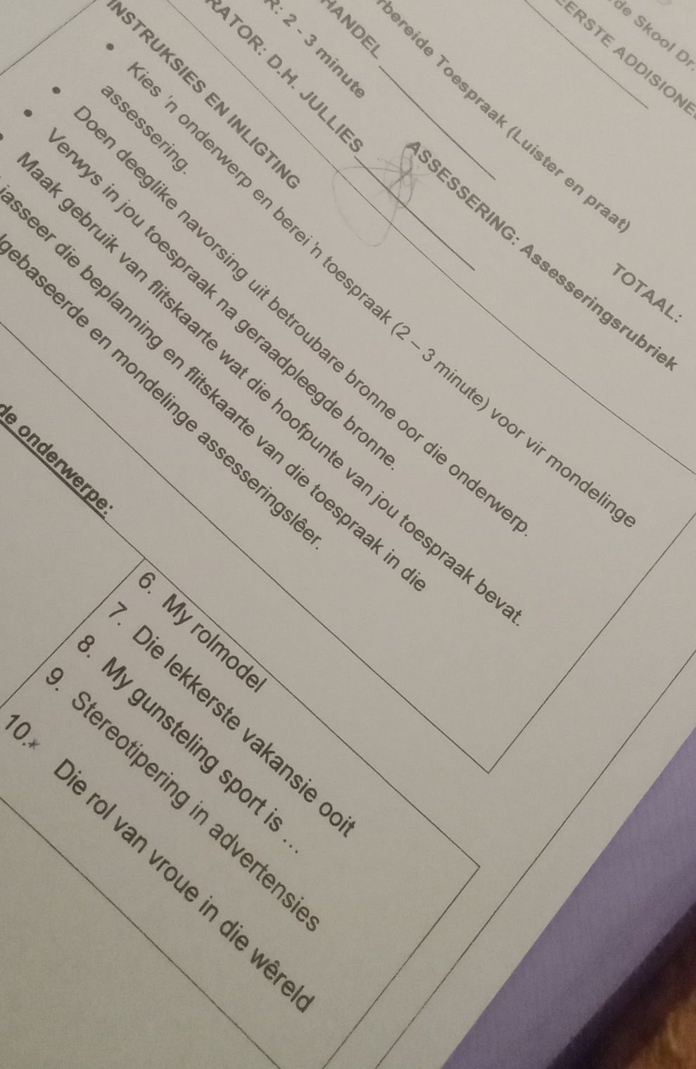 6. My rolmodel 7. Die lekkerste vakansie | StudyX