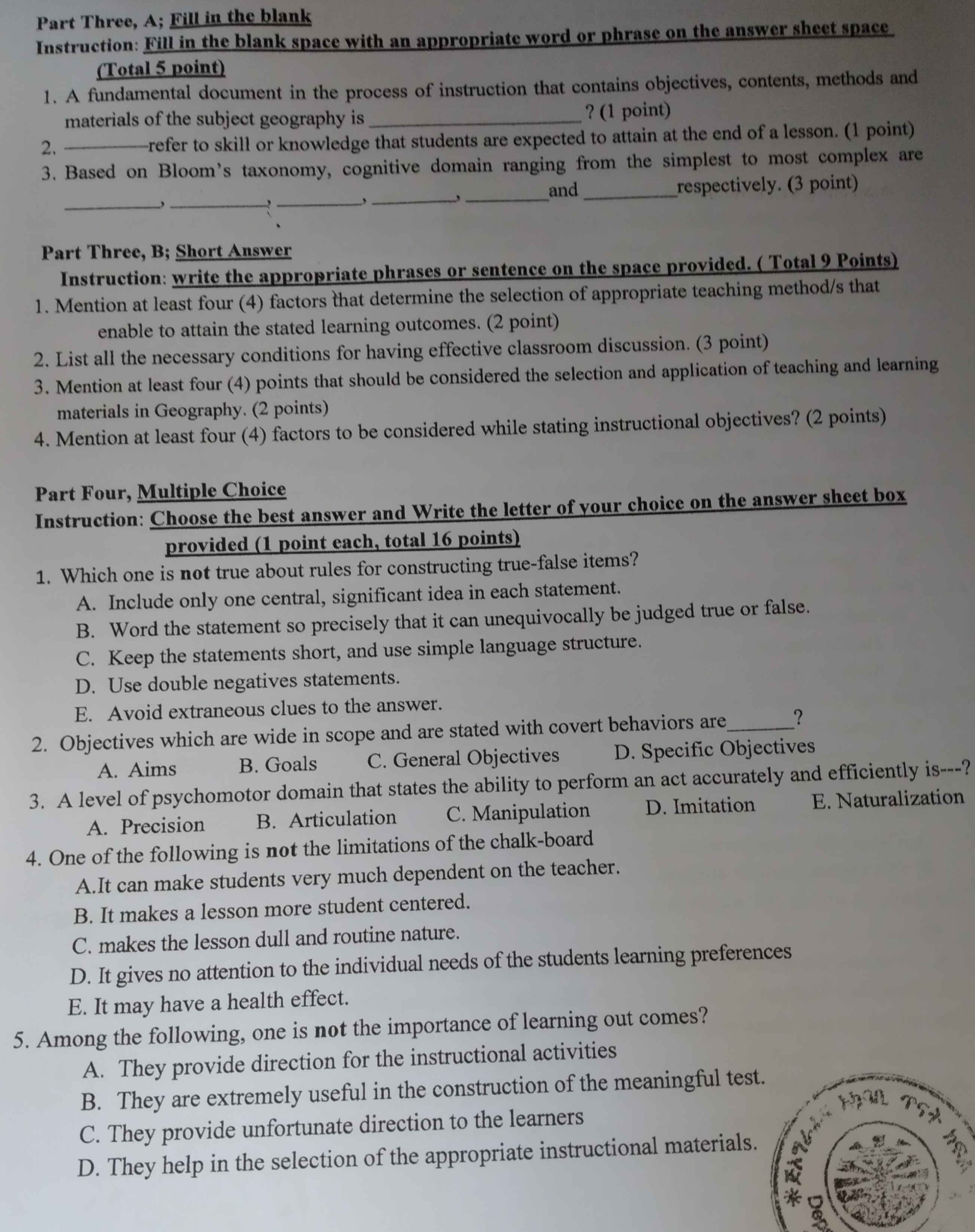 Part Three, A; Fill in the blank | StudyX