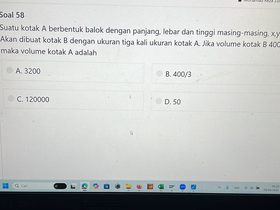 Soal 58 Suatu kotak A berbentuk balok dengan | StudyX