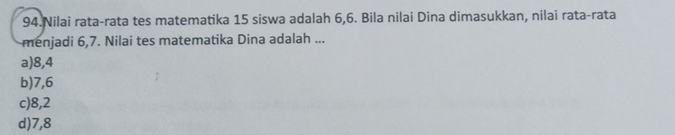 94. Nilai rata-rata tes matematika 15 siswa | StudyX