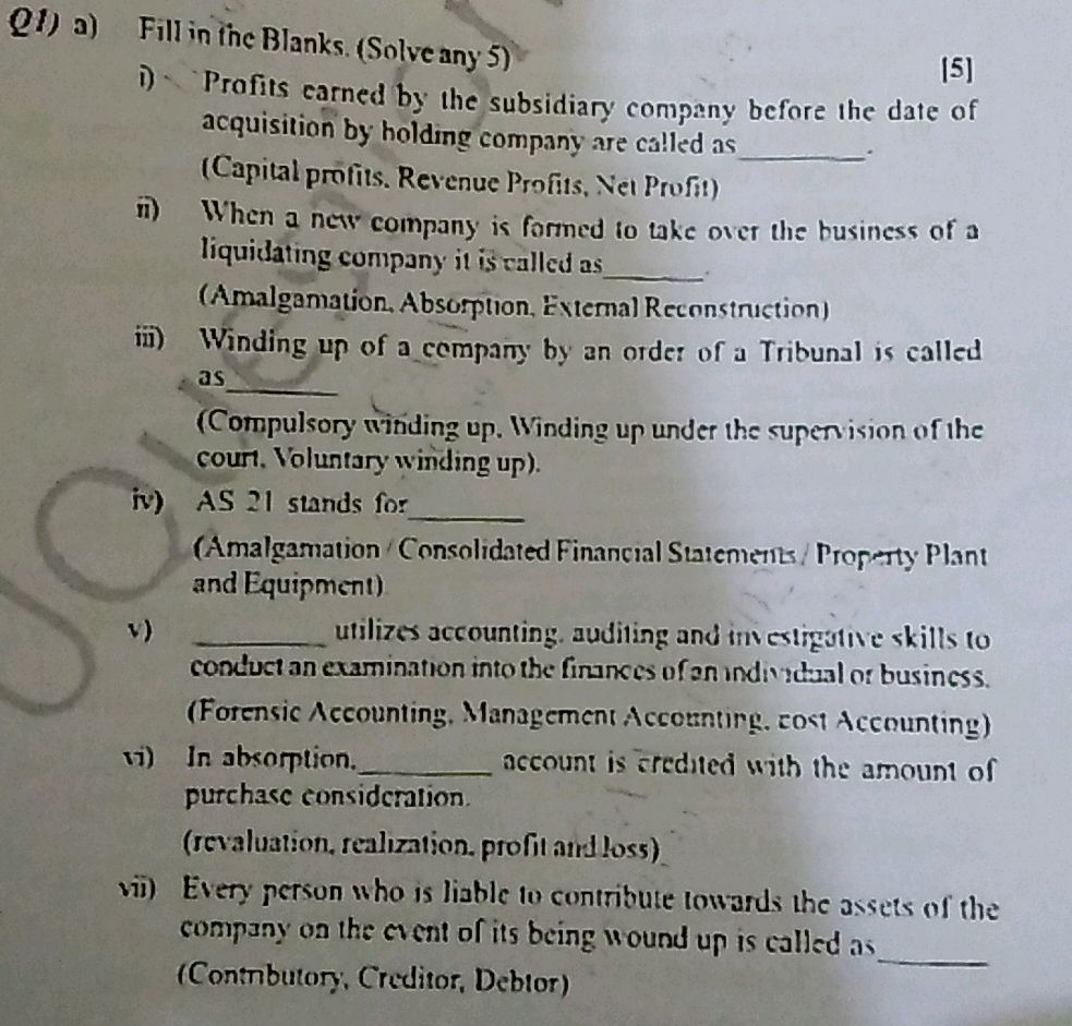 Q1) a) Fill in the Blanks. (Solve any 5) 1) | StudyX