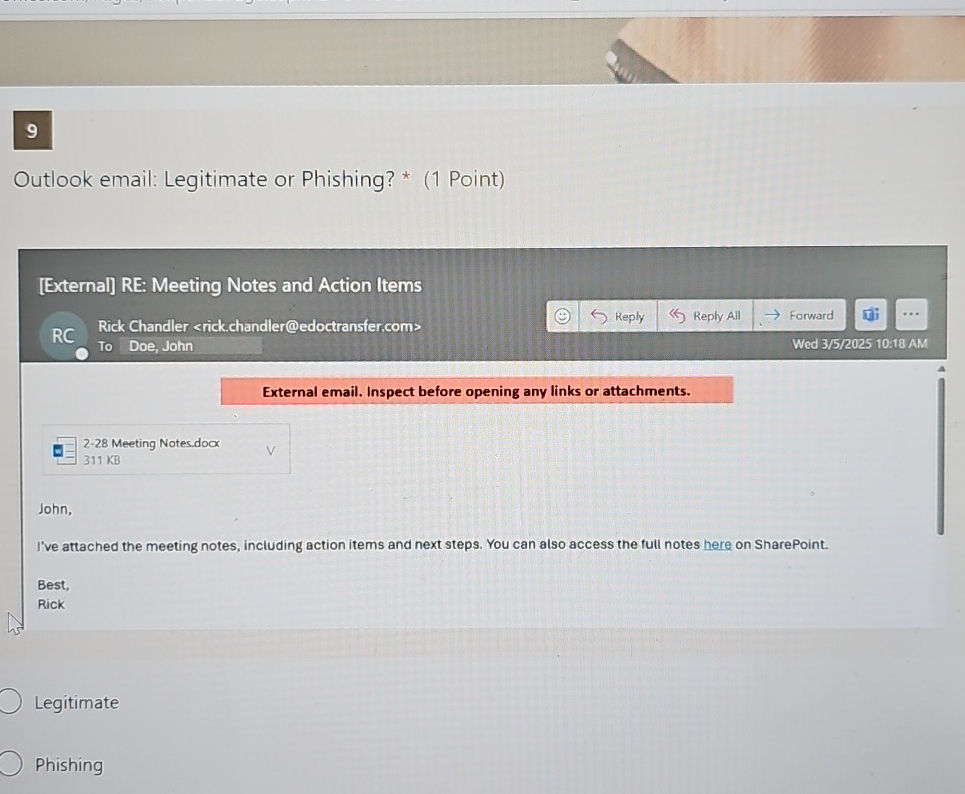 Outlook email: Legitimate or Phishing? (1 | StudyX