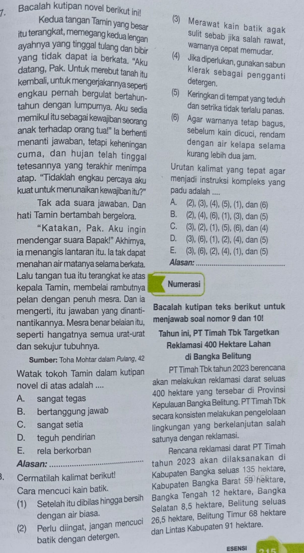 7. Watak tokoh Tamin dalam kutipan novel di | StudyX