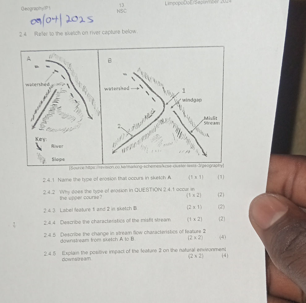 2.4 Refer to the sketch on river capture | StudyX