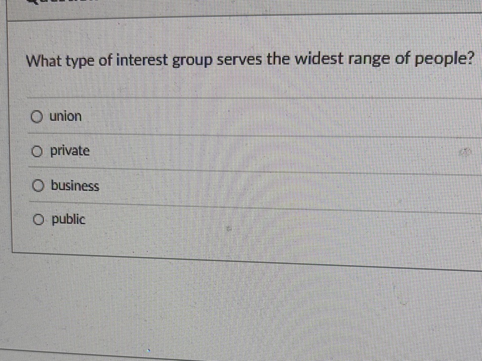What type of interest group serves the | StudyX