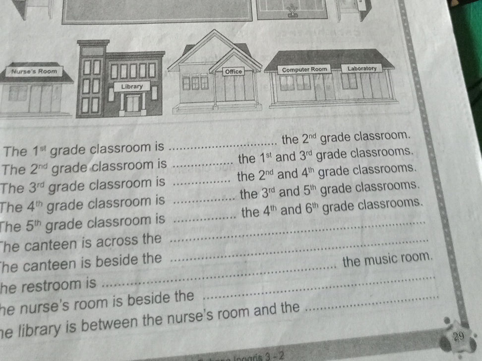 The 1st grade classroom is ______ the 2nd | StudyX