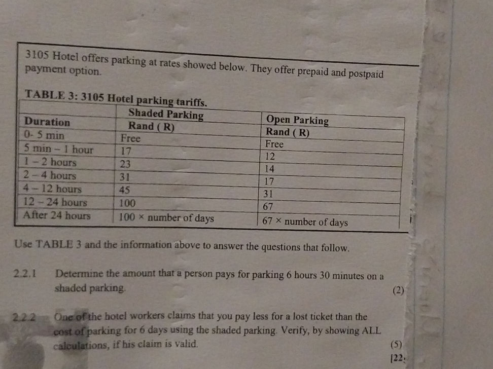 TABLE 3: 3105 Hotel parking tariffs.