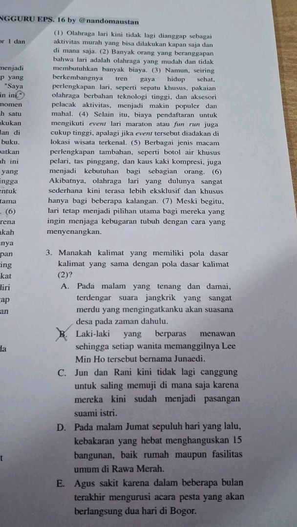 3. Manakah kalimat yang memiliki pola dasar | StudyX