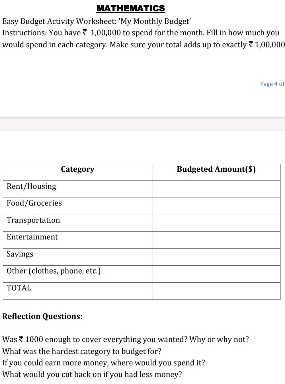 Easy Budget Activity Worksheet: 'My Monthly | StudyX