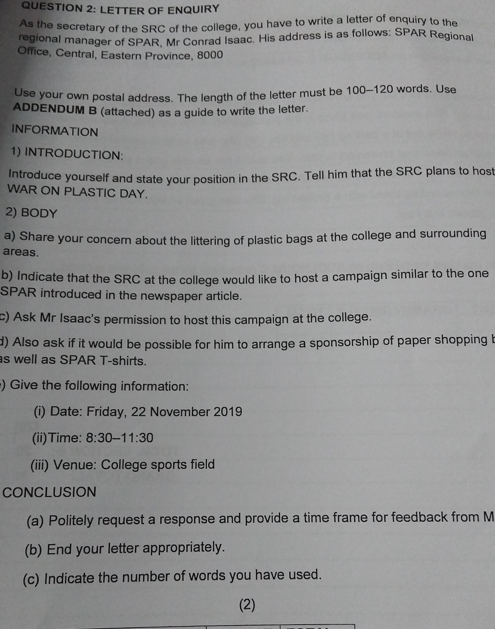 QUESTION 2: LETTER OF ENQUIRY As the | StudyX