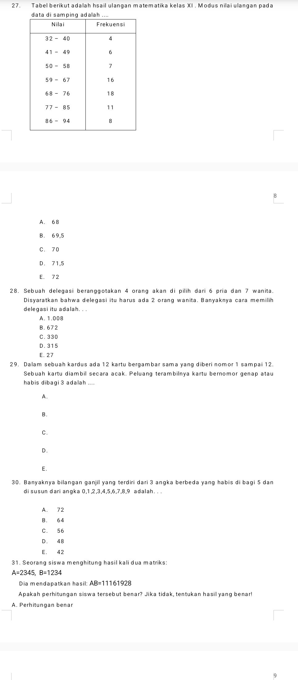 27. Tabel berikut adalah hsail ulangan | StudyX