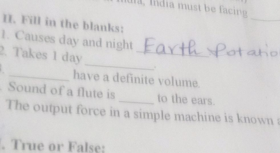 II. Fill in the blanks: 1. Causes day and | StudyX