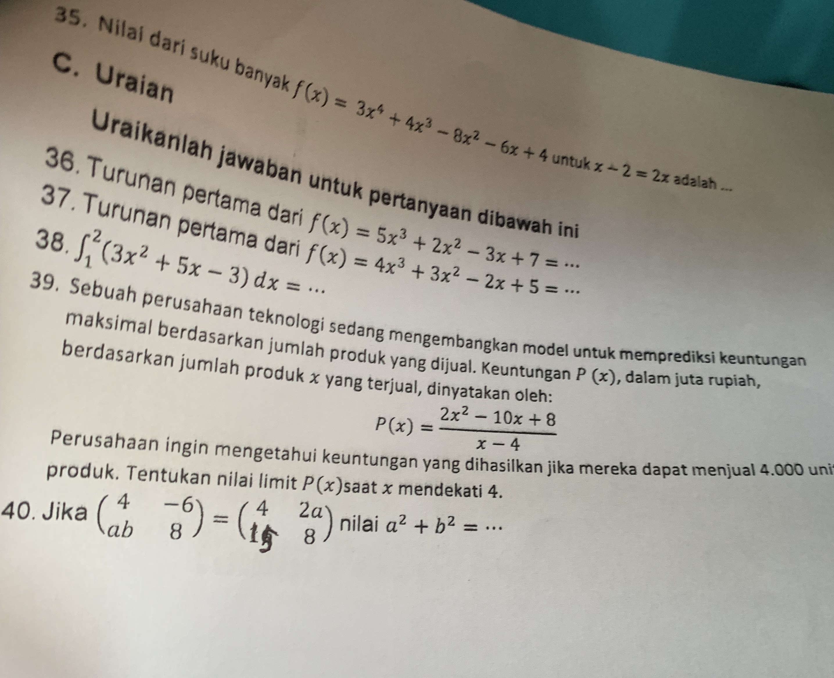 35. Nilai dari suku banyak $f(x) = 3x^4 + | StudyX