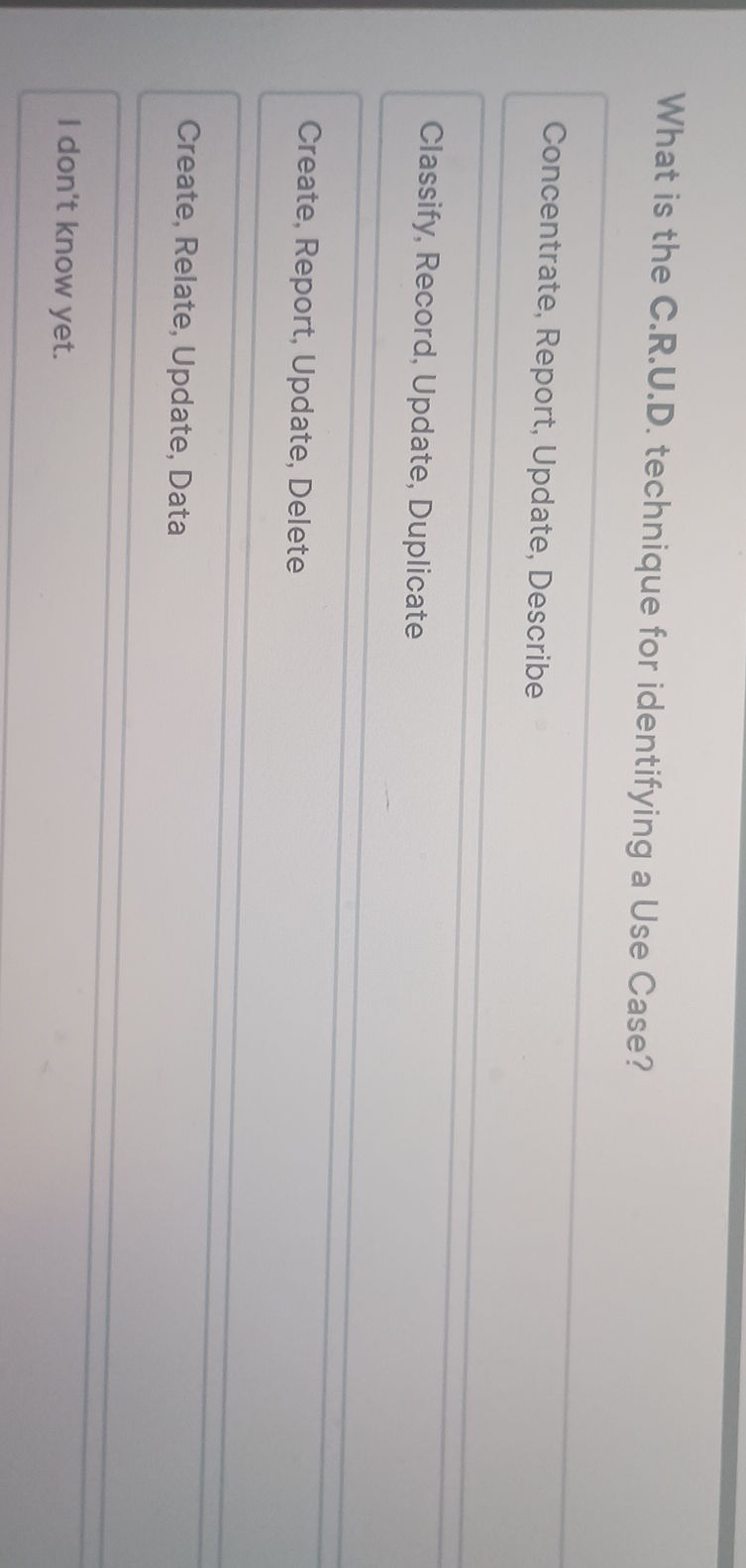 What is the C.R.U.D. technique for | StudyX