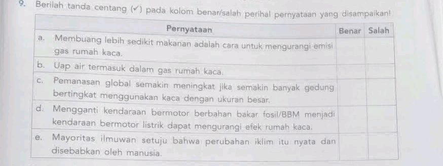 9. Berilah tanda centang $(v)$ pada kolom | StudyX