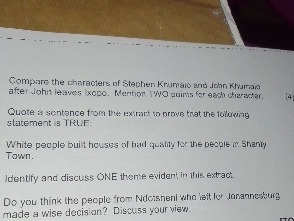 Compare the characters of Stephen Khumalo | StudyX