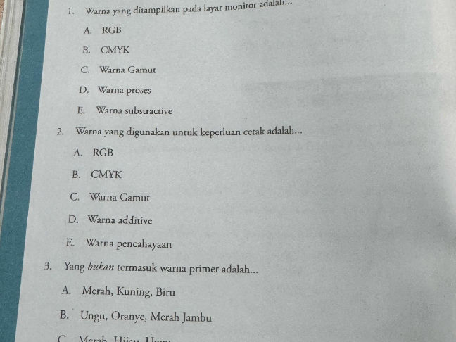 1. Warna yang ditampilkan pada layar monitor | StudyX