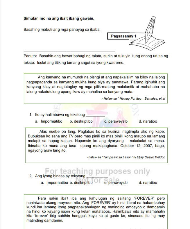 1. Ito ay halimbawa ng tekstong a. | StudyX