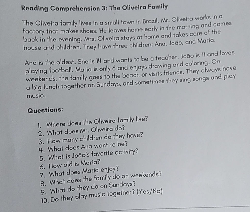 Reading Comprehension 3: The Oliveira Family | StudyX