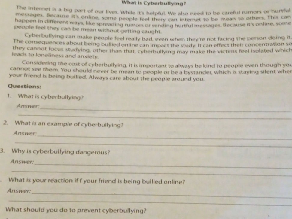 Questions: 1. What is cyberbullying? | StudyX