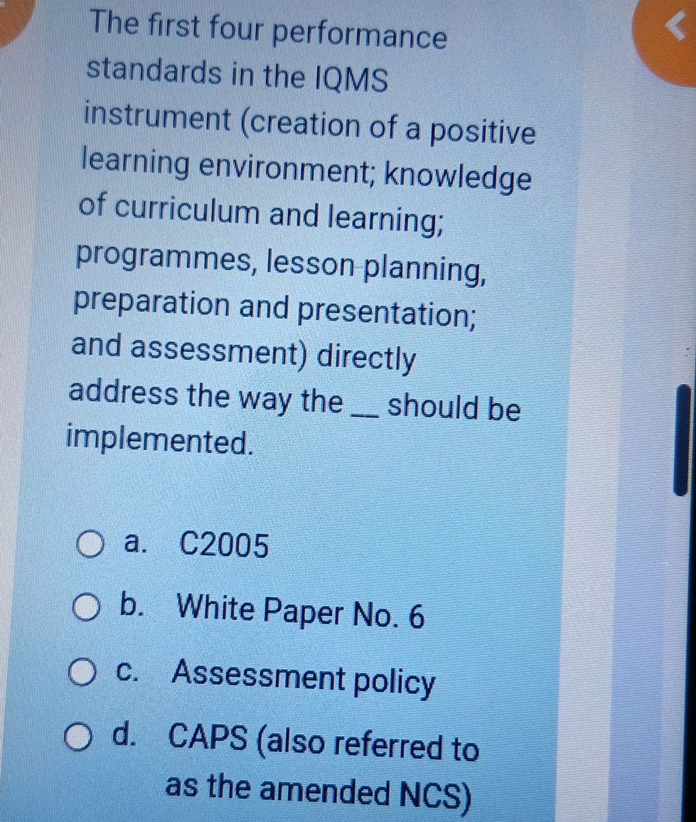 The first four performance standards in the | StudyX